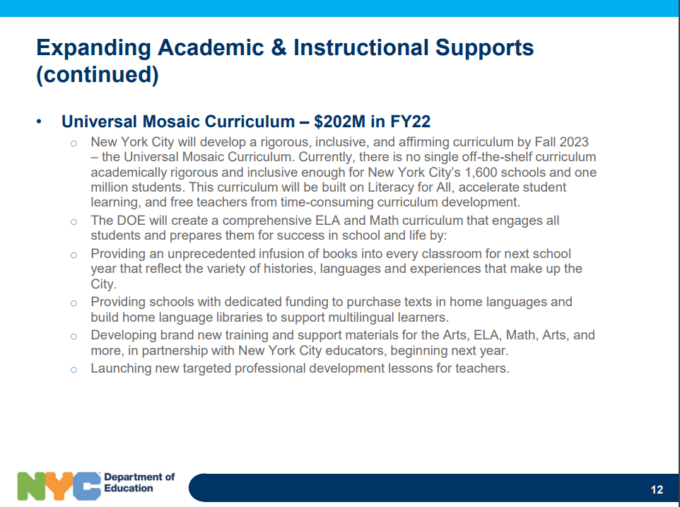New York City Public Schools Universal Mosaic Curriculum Recommends 