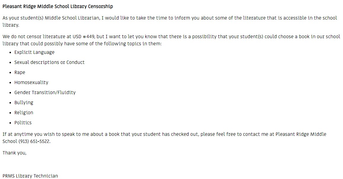 Pleasant Ridge Middle School librarian sends message to parents that ...