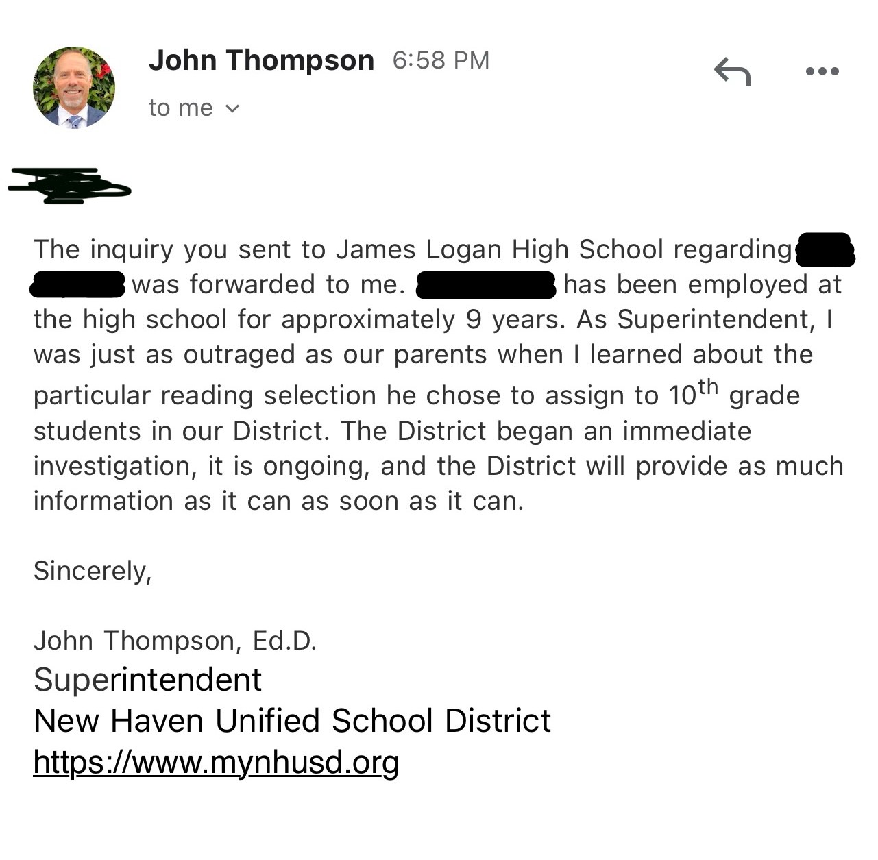 James Logan High School teacher gives reading assignment to students ...