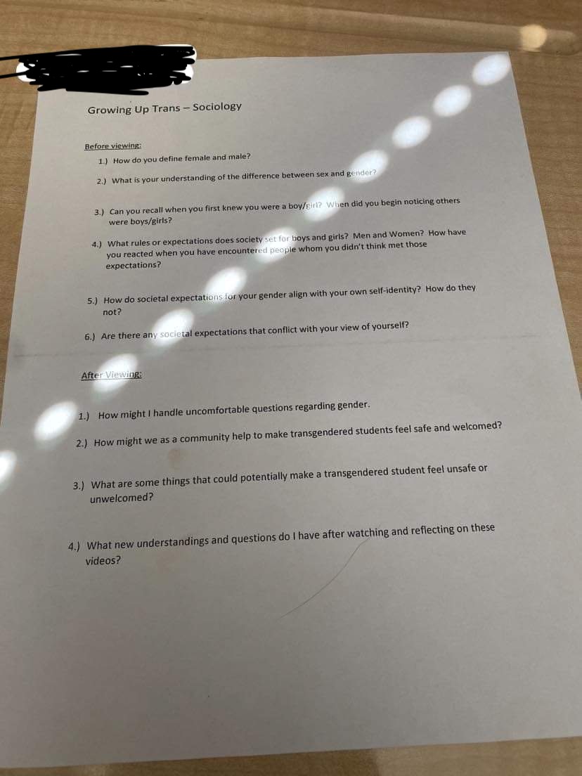 "Growing Up Trans" film and worksheet assigned in mixed age sociology ...