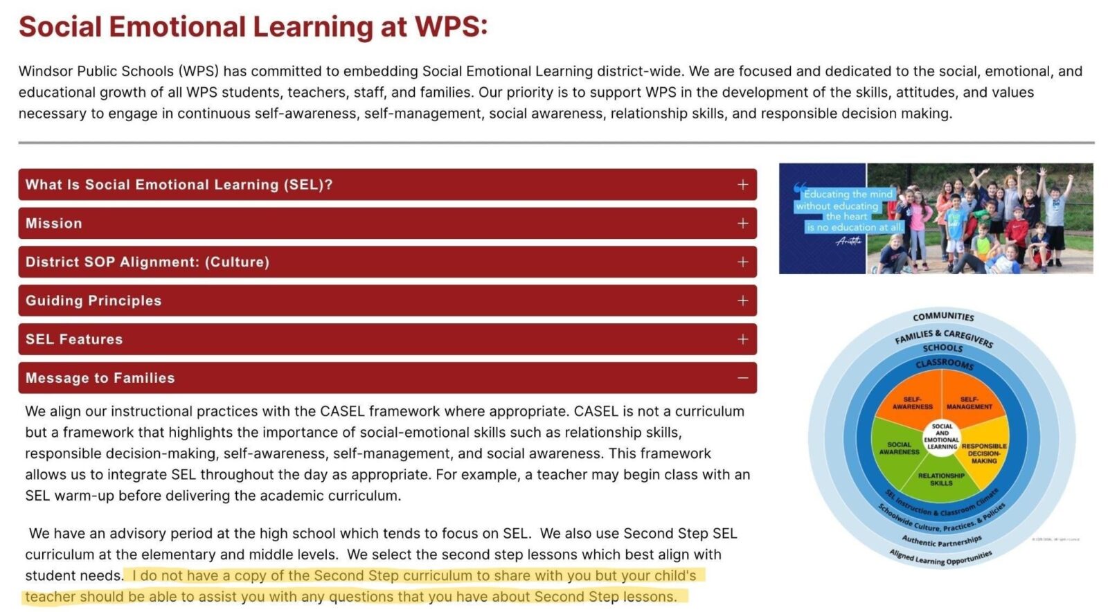 Windsor Public Schools claim in writing on district website that they ...