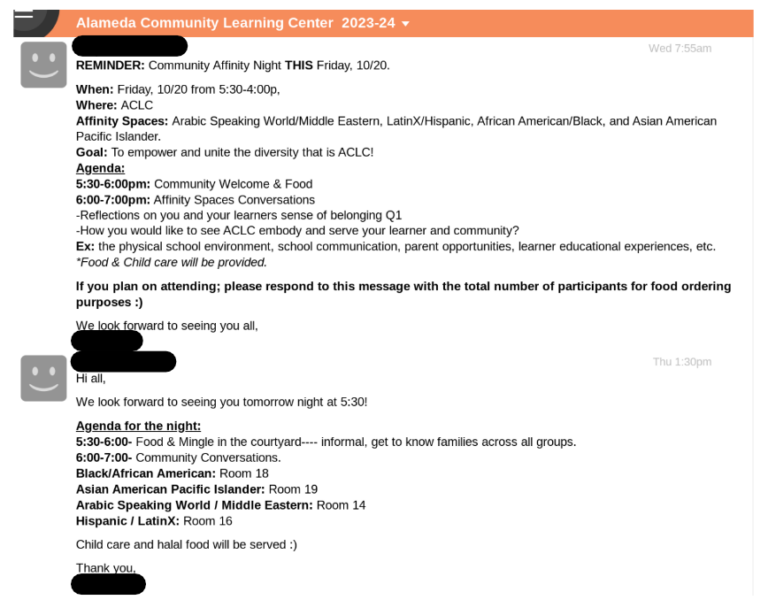 Alameda Community Learning Center hosted "Community Affinity Night" for segregated groups of ...