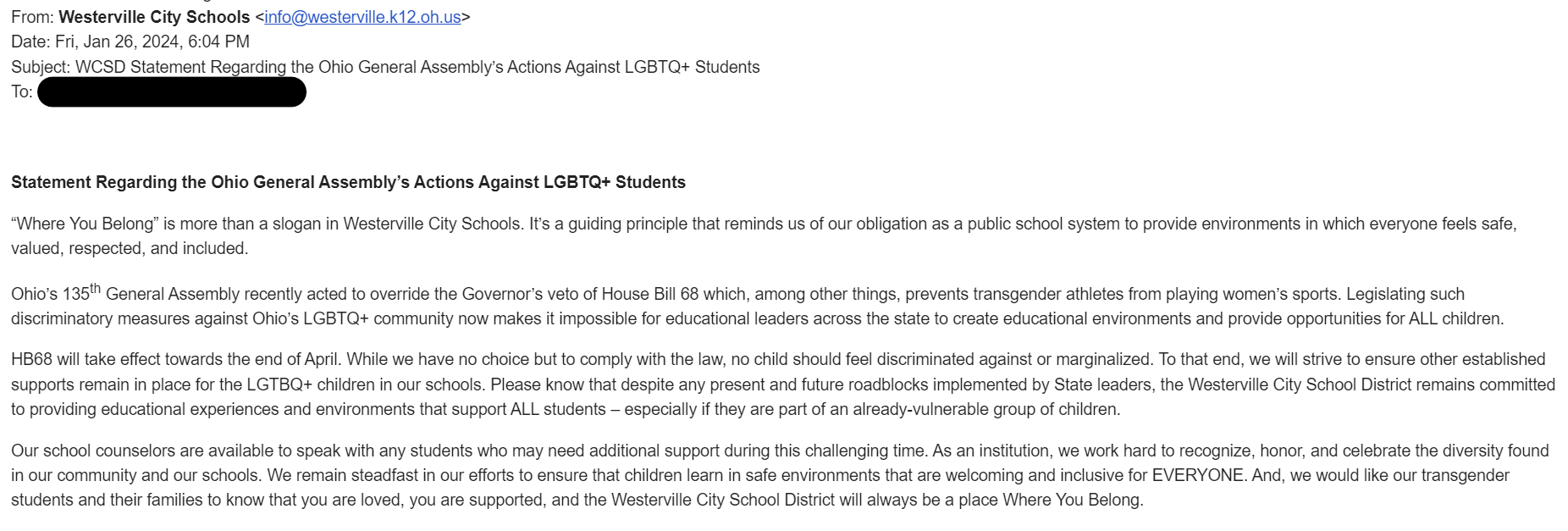 Westerville City School District sends email to families attacking the ...